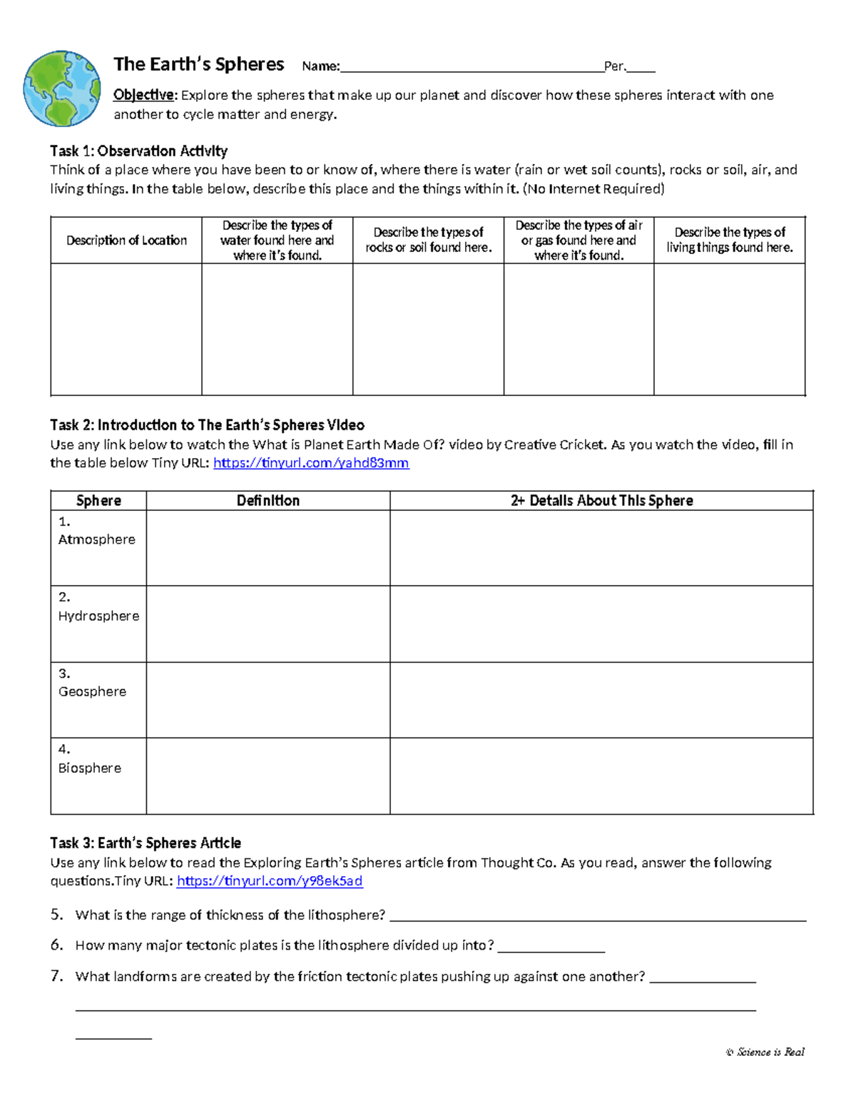 Copy of 2024 The Earth's Spheres Web Quest Student Handout - The Earth ...