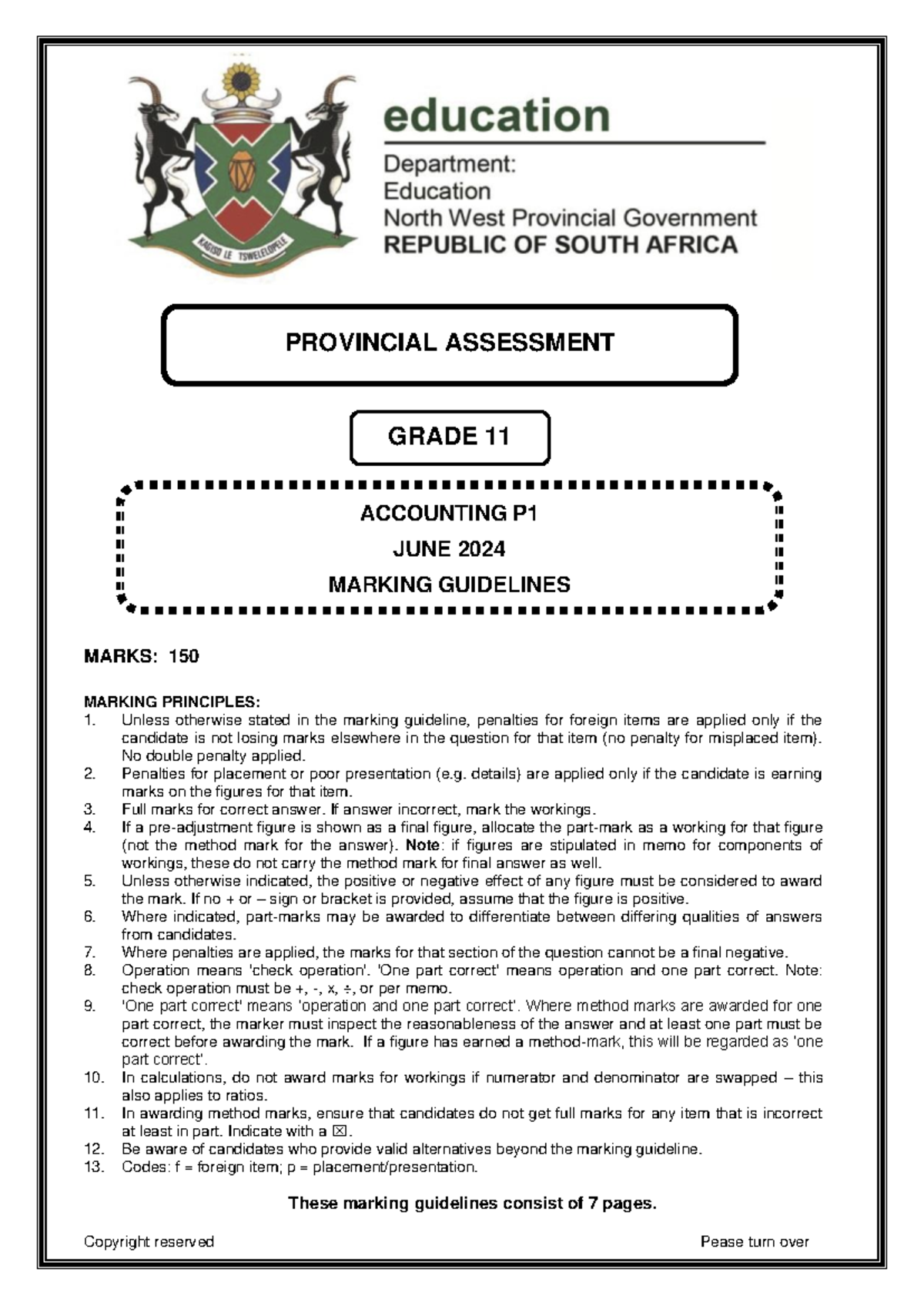 Grade 11 Accounting P1 June 2024 Marking Guidelines (MG) - Studocu