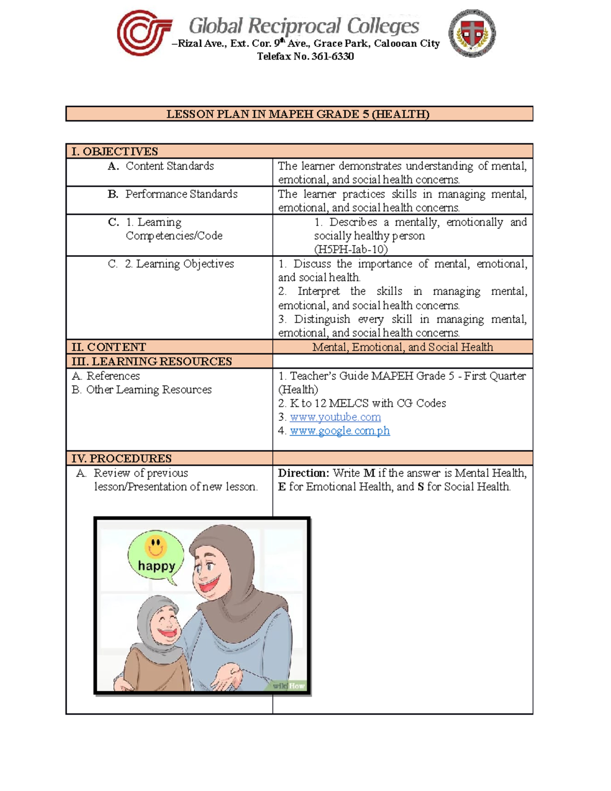 Lesson Plan for MAPEH 5 (Health): Understanding Mental, Emotional, and ...