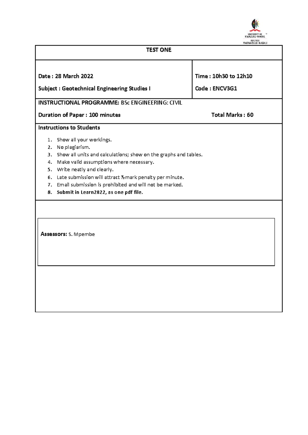 TEST ONE 2022 - Geotechnical Engineering ENCV3G1 Past Exam - Studocu