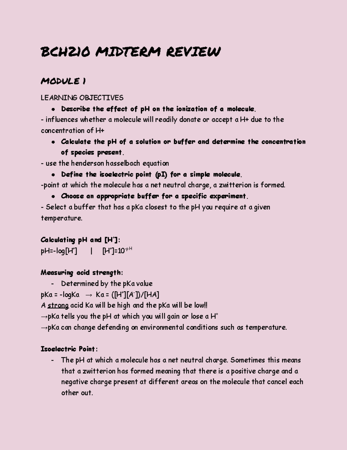 BCH210 MIDTERM REVIEW: Module 1 Learning Objectives and Key Concepts ...