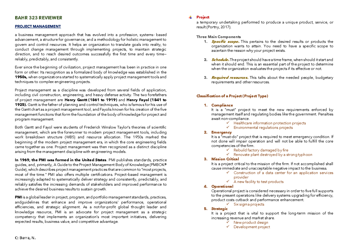 BAHR-323 Final Exam - Comprehensive Summary of Project Management - Studocu