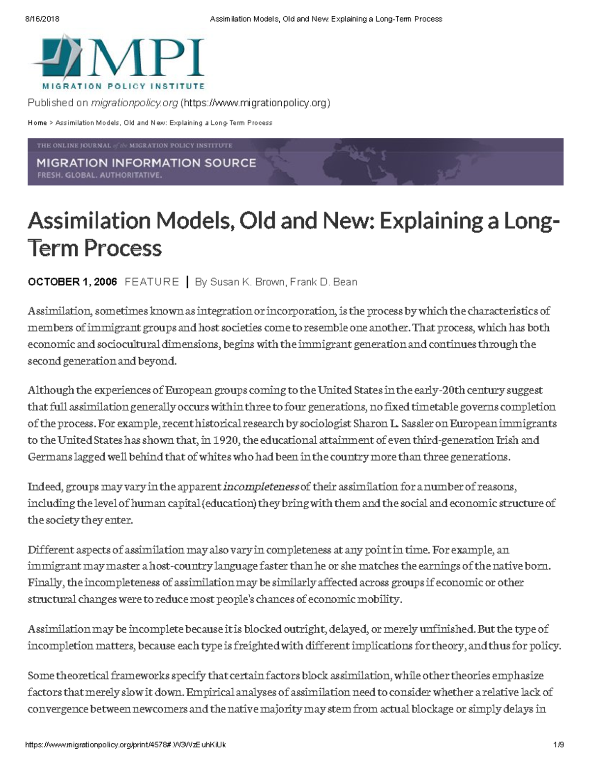 Assimilation Models in Migration Studies: Insights on Immigrant ...