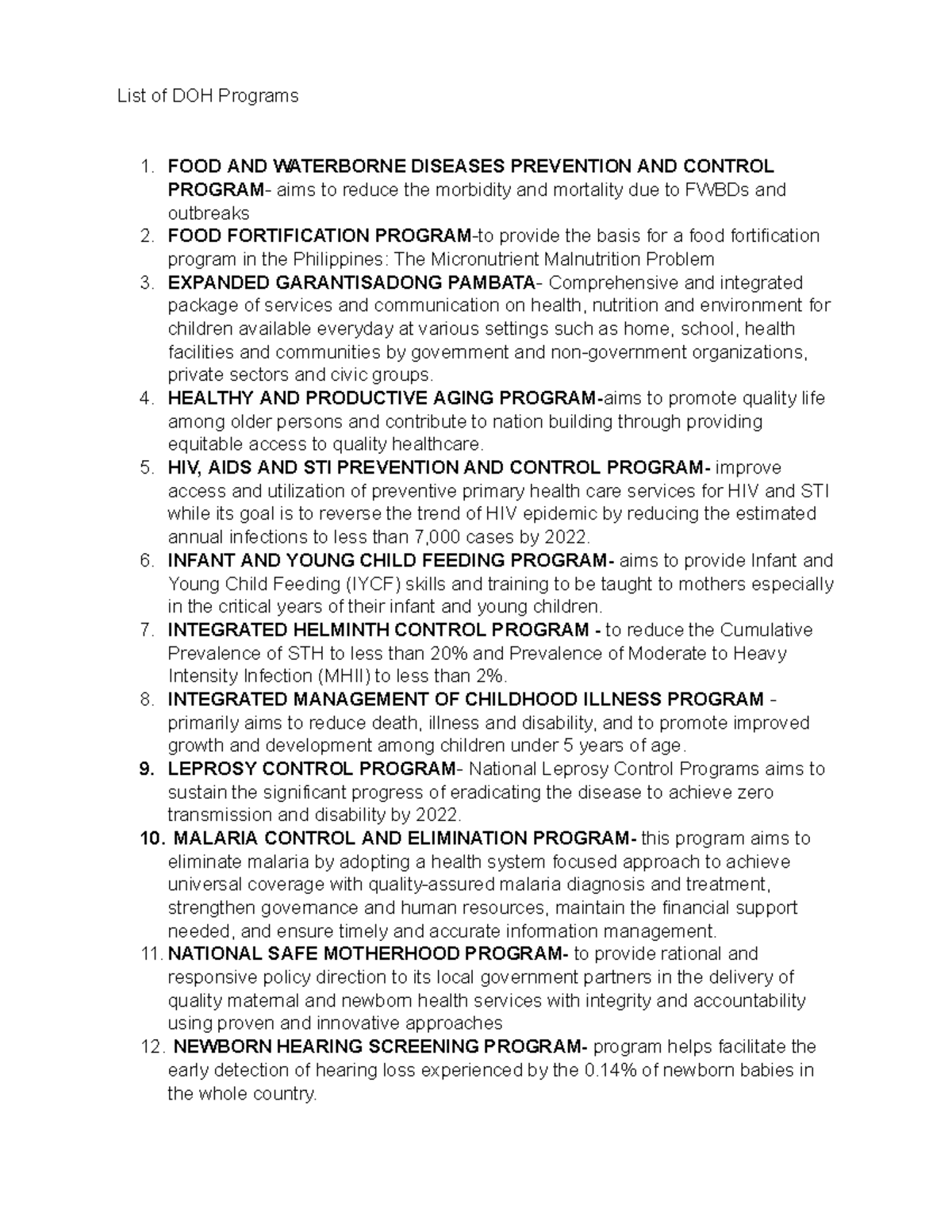 DOH Programs Review: Comprehensive Overview of Initiatives - Studocu