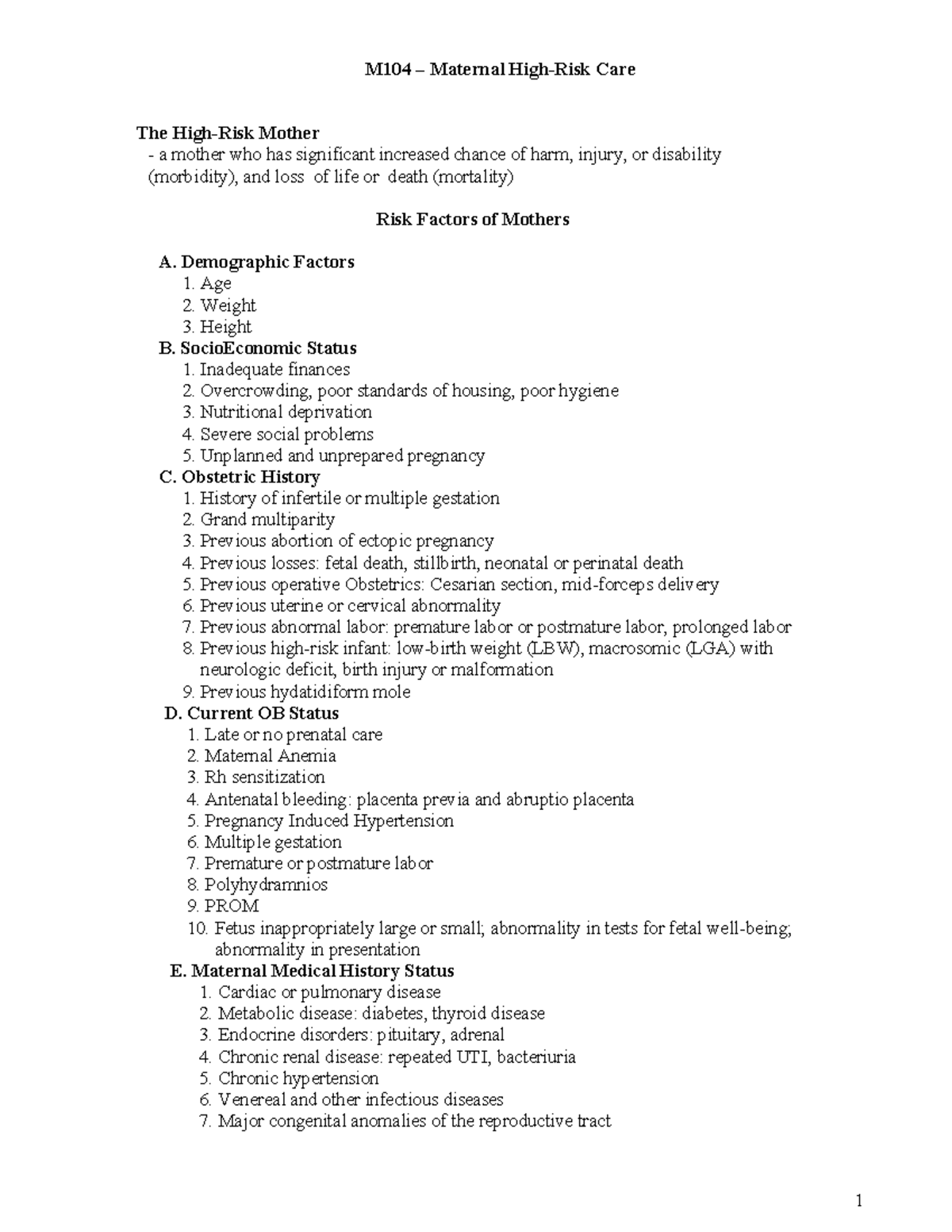 M104 Maternal Care: Risk Factors and Complications in Pregnancy - Studocu