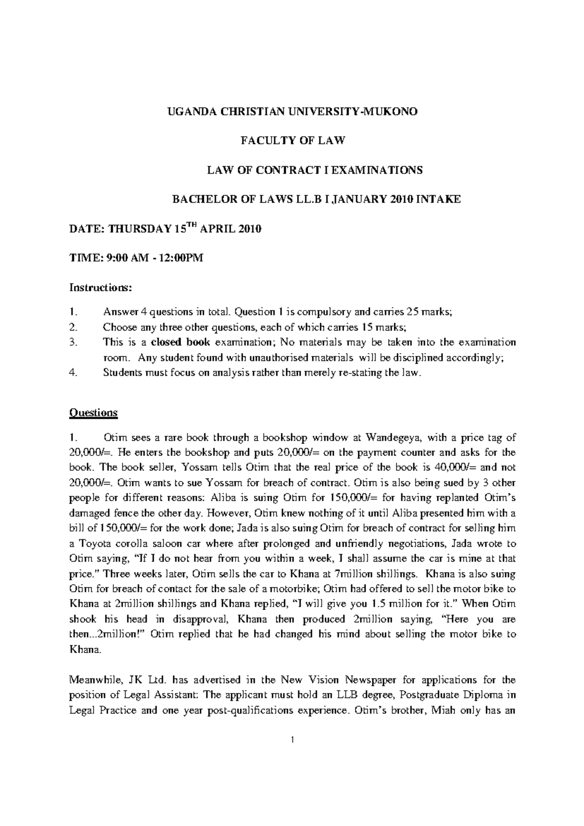 LAW OF Contract - NOTES - 1 UGANDA CHRISTIAN UNIVERSITY-MUKONO FACULTY ...