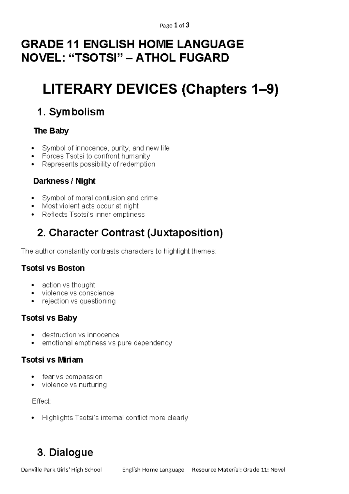 GRADE 11 ENGLISH HOME LANGUAGE: LITERARY DEVICES IN TSOTSI (Ch. 1-9 ...
