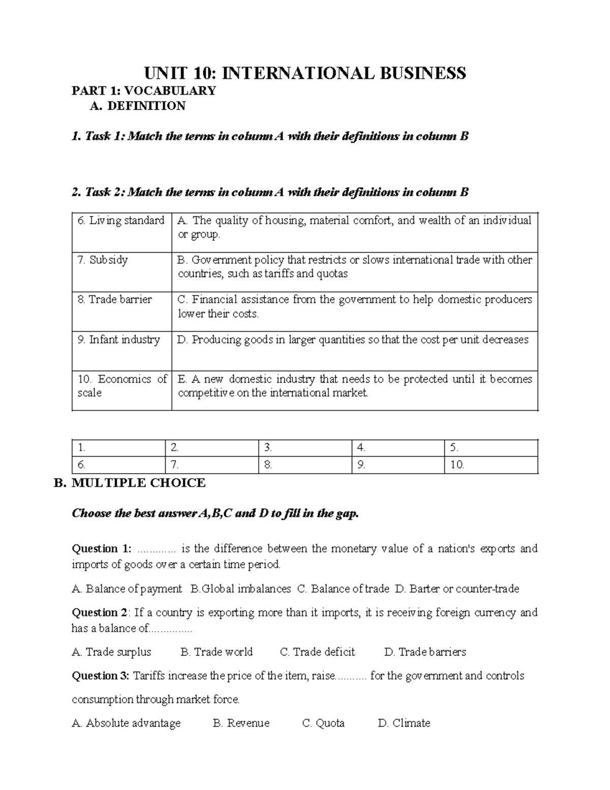 UNIT 10: International Business Vocabulary & Exercises - Studocu