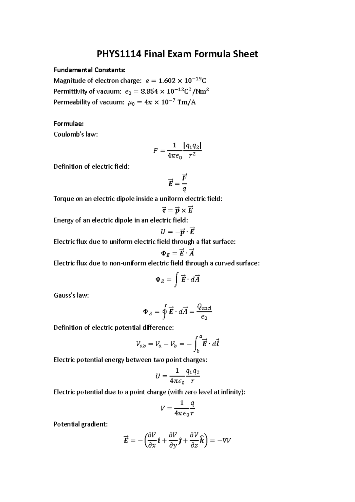 PHYS1114 Fall 2024 Final Exam Essential Formula Sheet - Studocu
