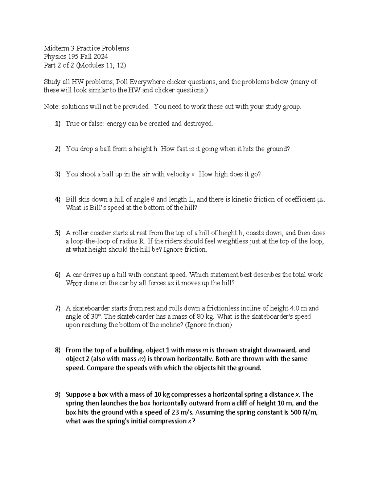 Midterm 3 Practice Problems Physics 195 Fall 2024 Part 2 (Modules 11, 12) - Studocu