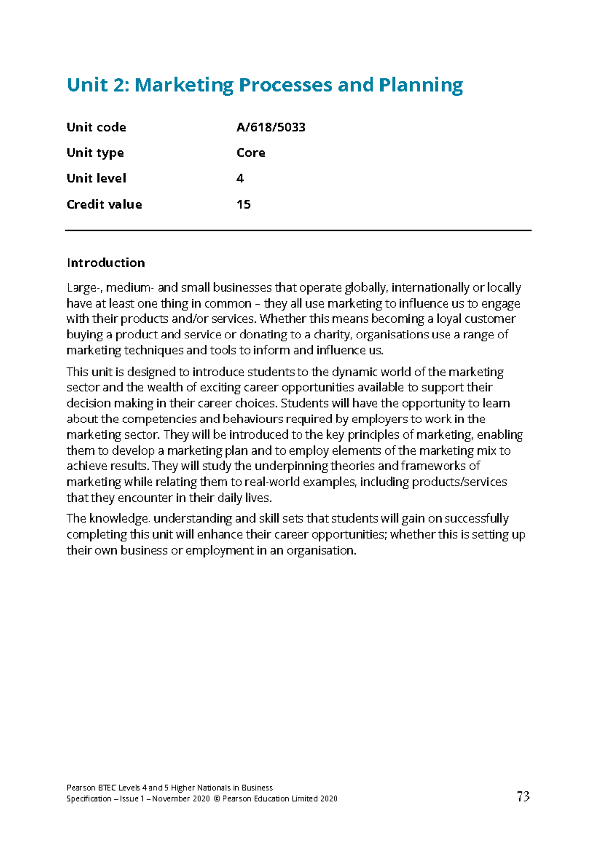 Unit 2 Marketing Processes and Planning - Pearson BTEC Level 4 SOW ...
