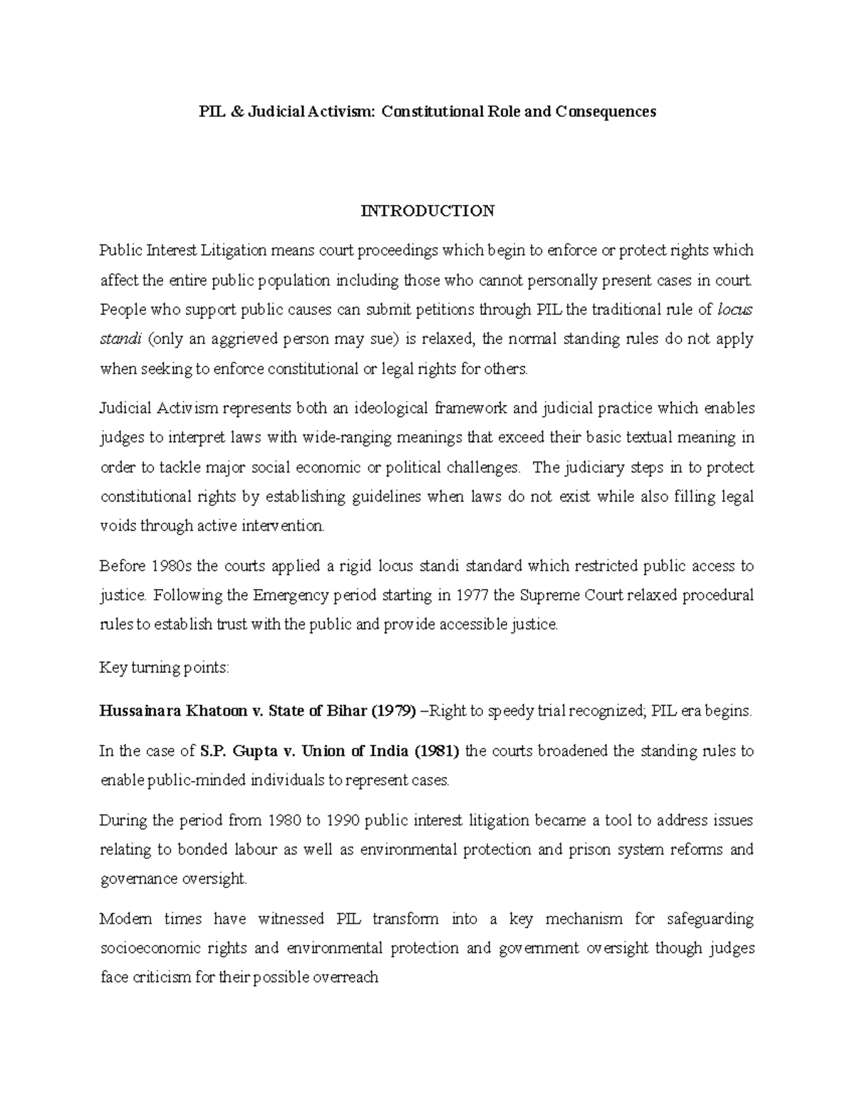 PIL Judicial Activism: Constitutional Role & Implications - Studocu