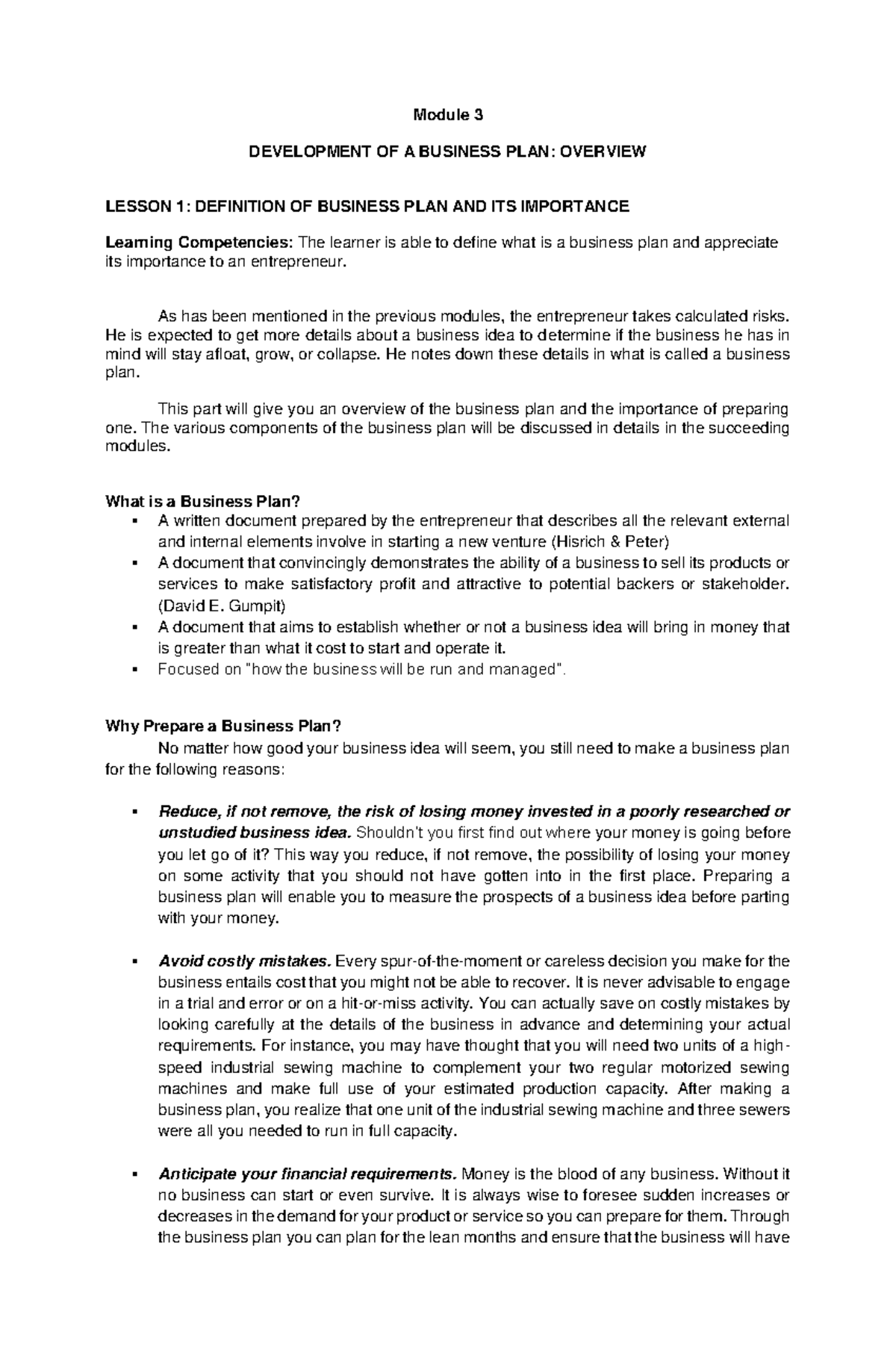 Module 3: Overview of Business Plan Development in Entrepreneurship ...