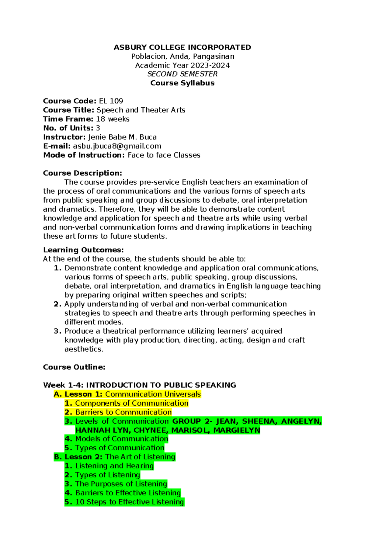 EL 109 - Syllabus for Speech & Theater Arts Course Overview - Studocu