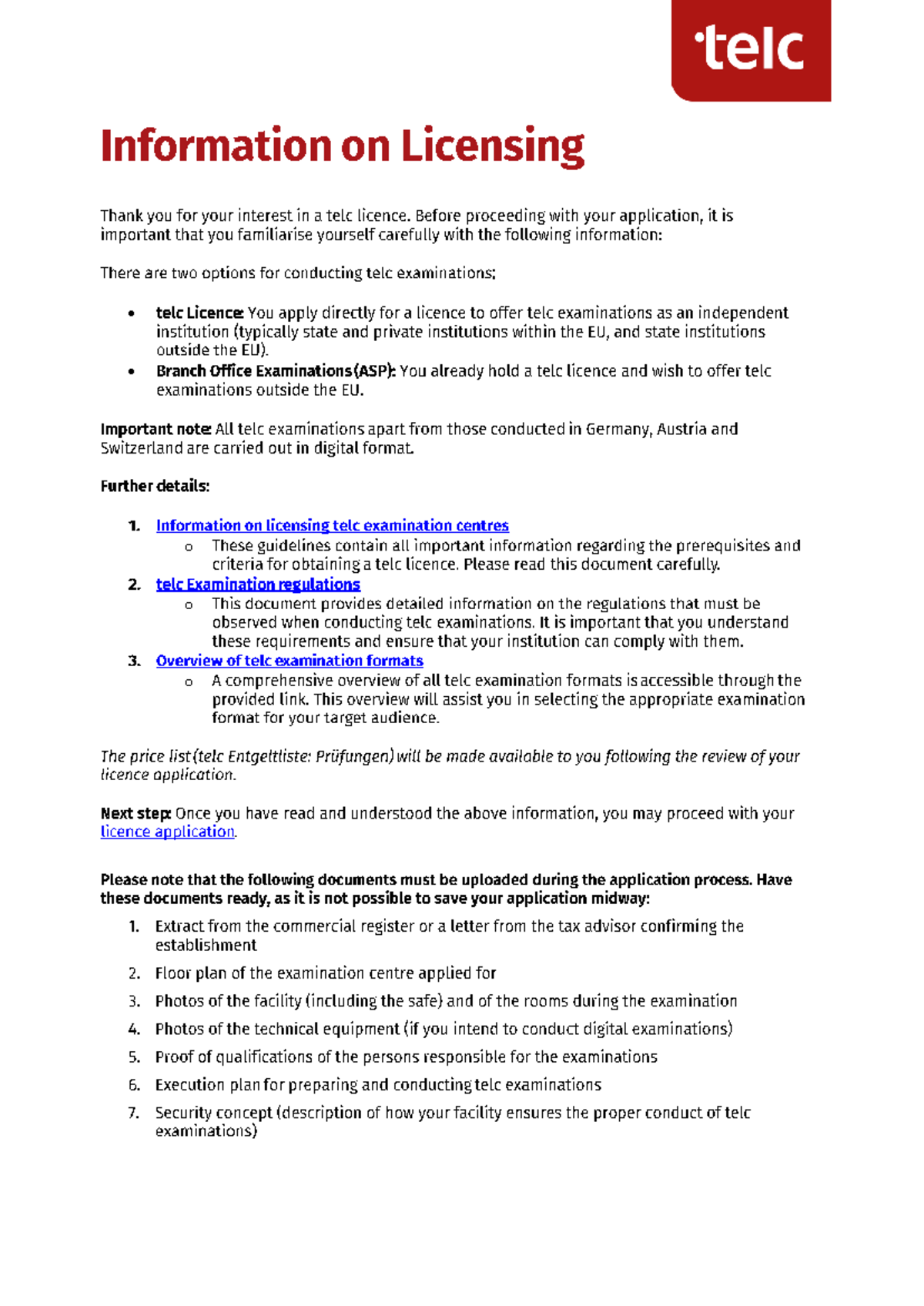 Telc Licensing Information for Examination Centres - Studocu