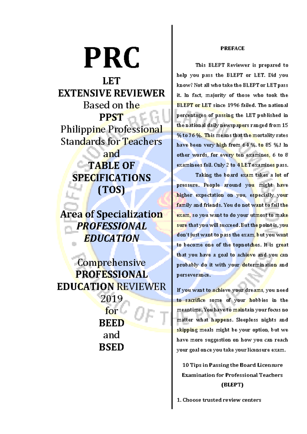 LET Prof Ed (1) (2019 ) - PRC LET EXTENSIVE REVIEWER Based on the PPST ...
