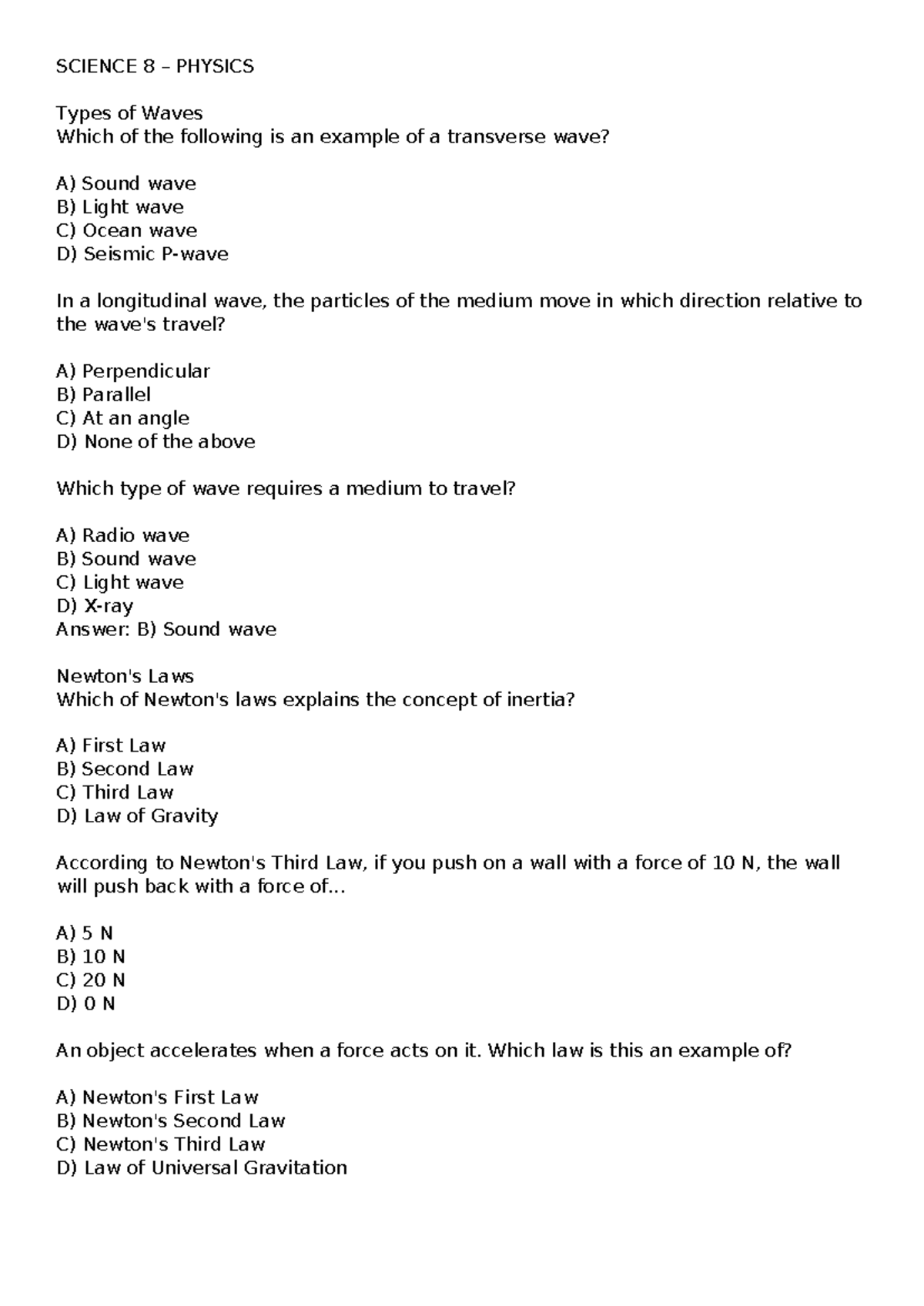 SCIENCE 8 PHYSICS Final Exam Review: Types of Waves & Energy Concepts ...