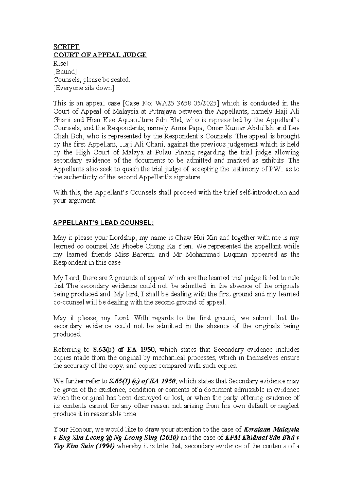 Evidence Law II: Court of Appeal Case Script Analysis - Studocu
