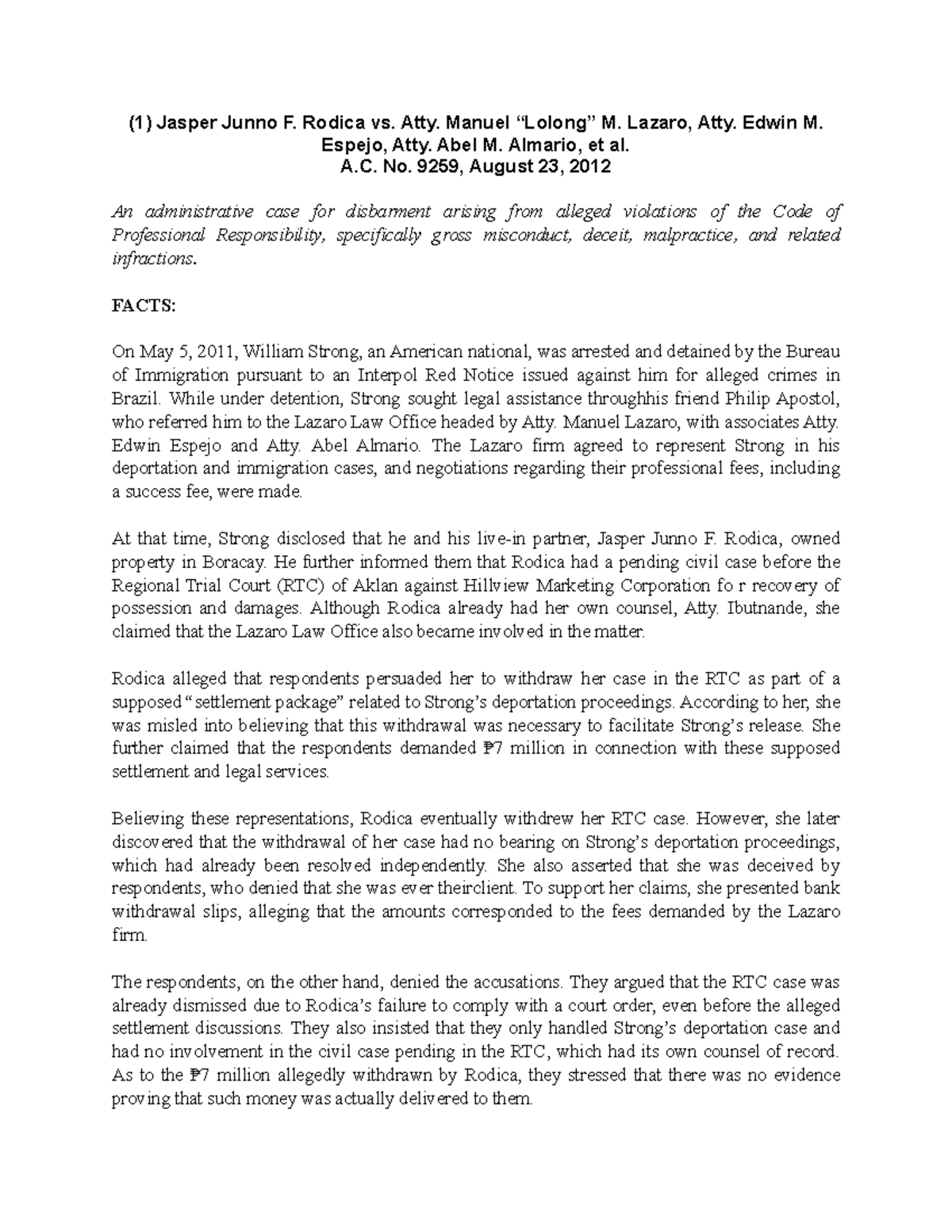 A.C. No. 9259: Disbarment Case of Jasper Junno F. Rodica vs. Lazaro et ...