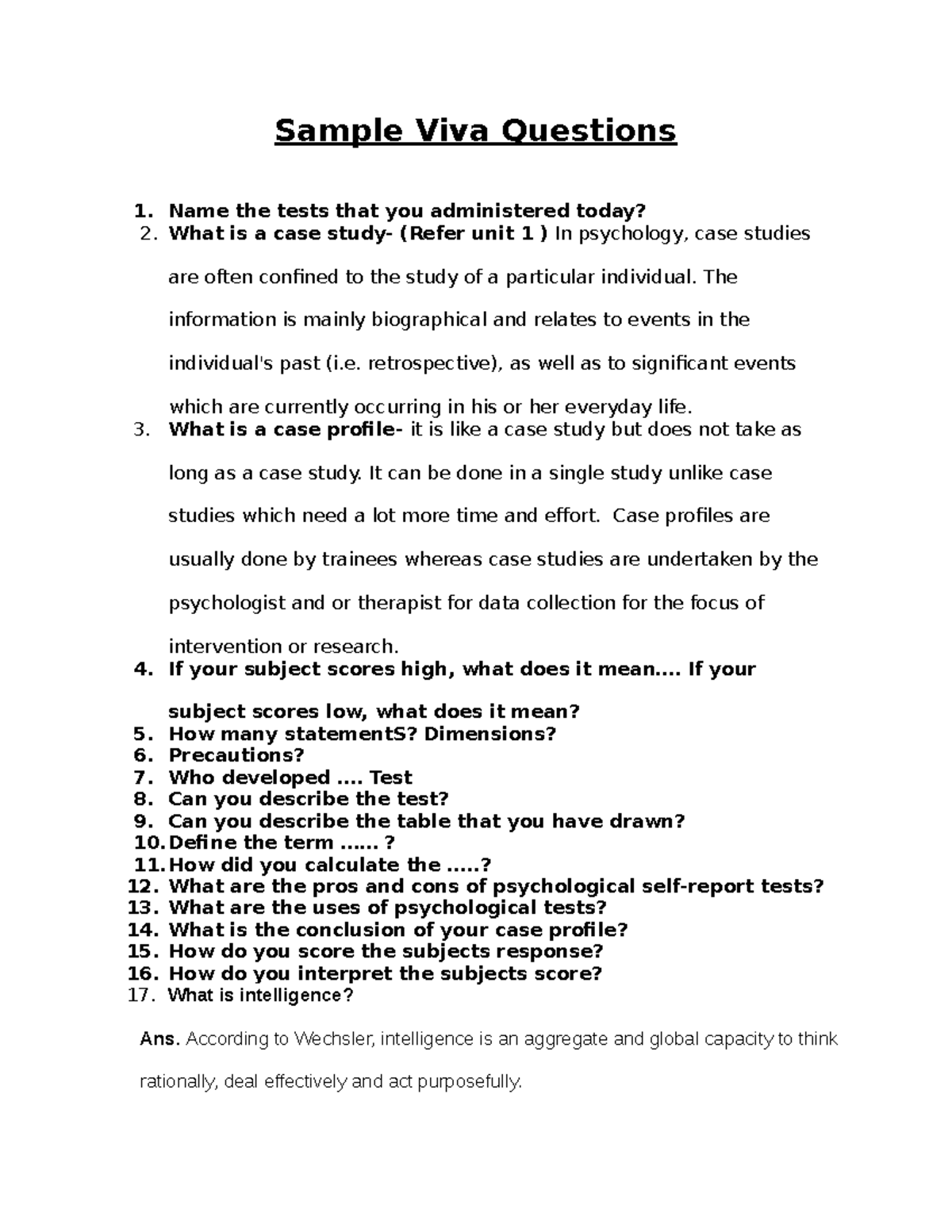 Grade 12 Psychology VIVA VOICE Study Notes and Sample Questions - Studocu