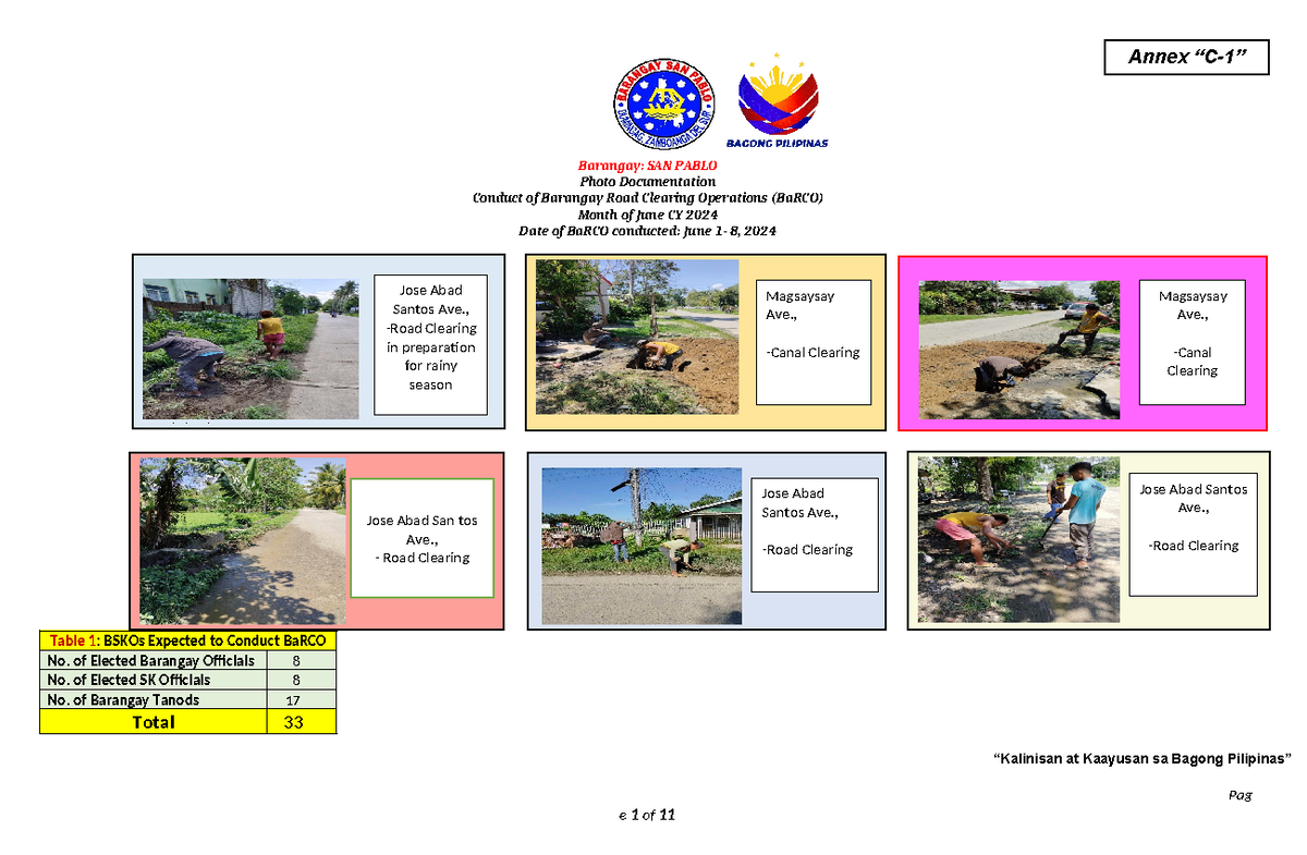 Barangay SAN PABLO Road Clearing Operations (BaRCO) Report CY 2024 - Studocu
