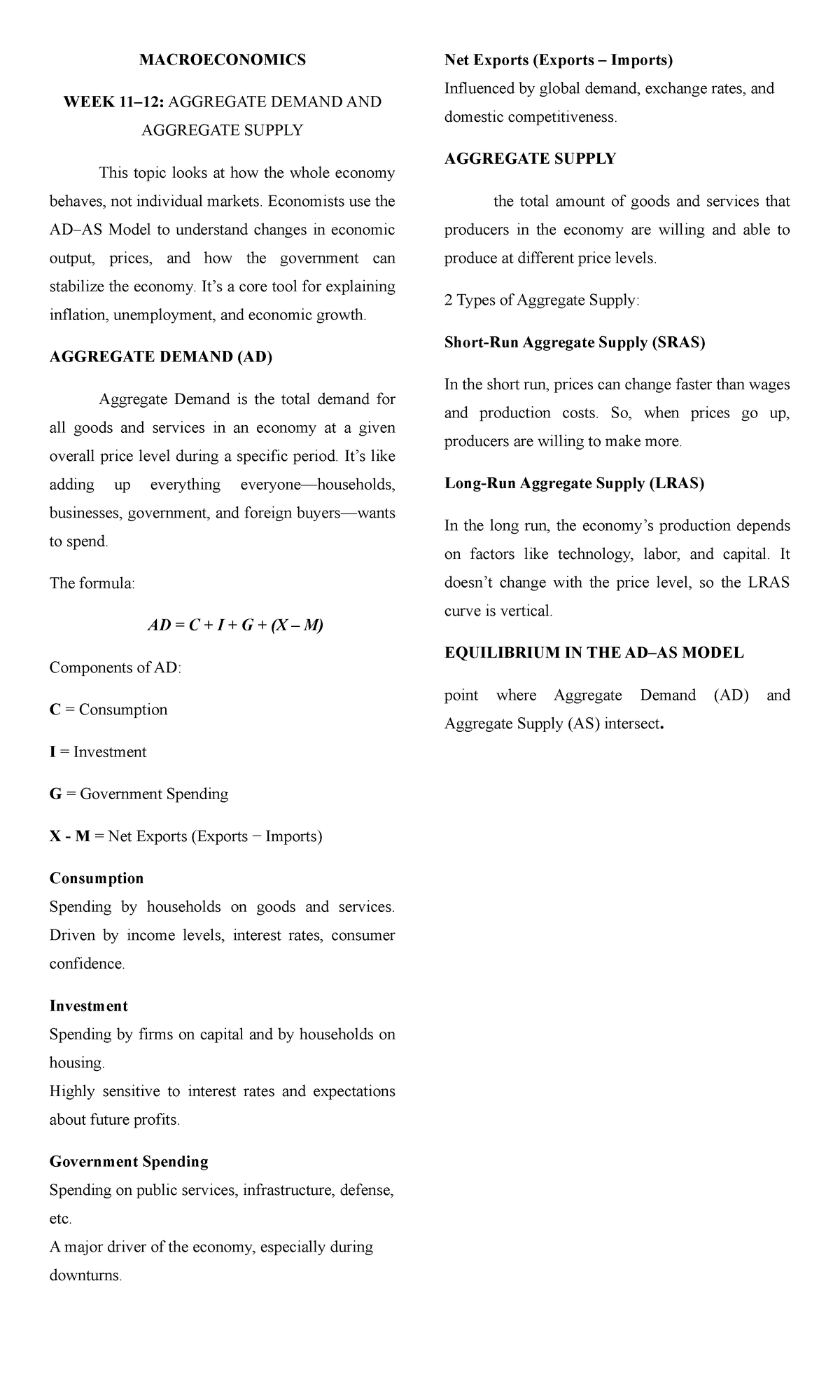 MACROECONOMICS WEEK: AGGREGATE DEMAND & SUPPLY ANALYSIS - Studocu