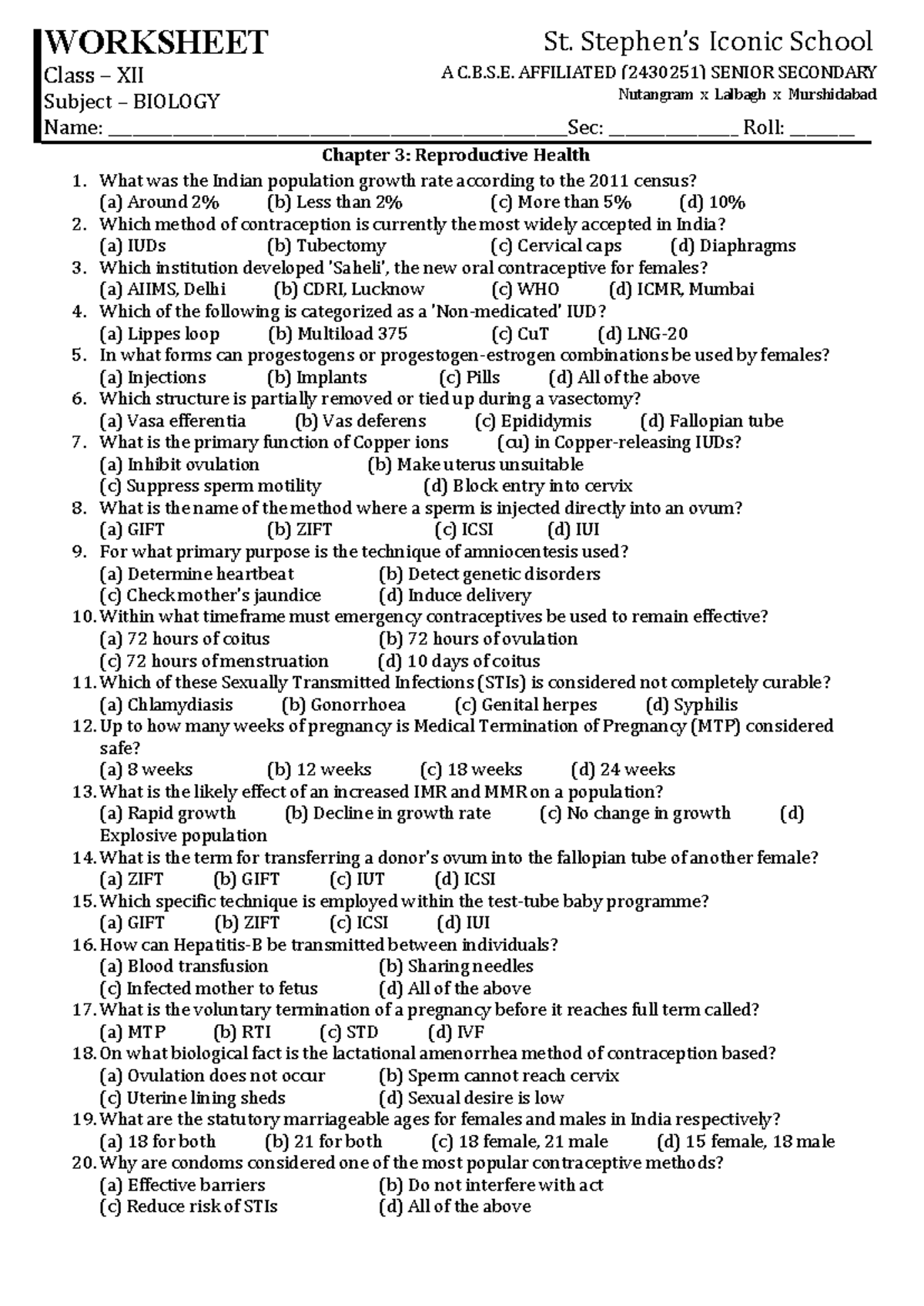 Class XII Biology Worksheet: Chapter 3 - Reproductive Health - Studocu