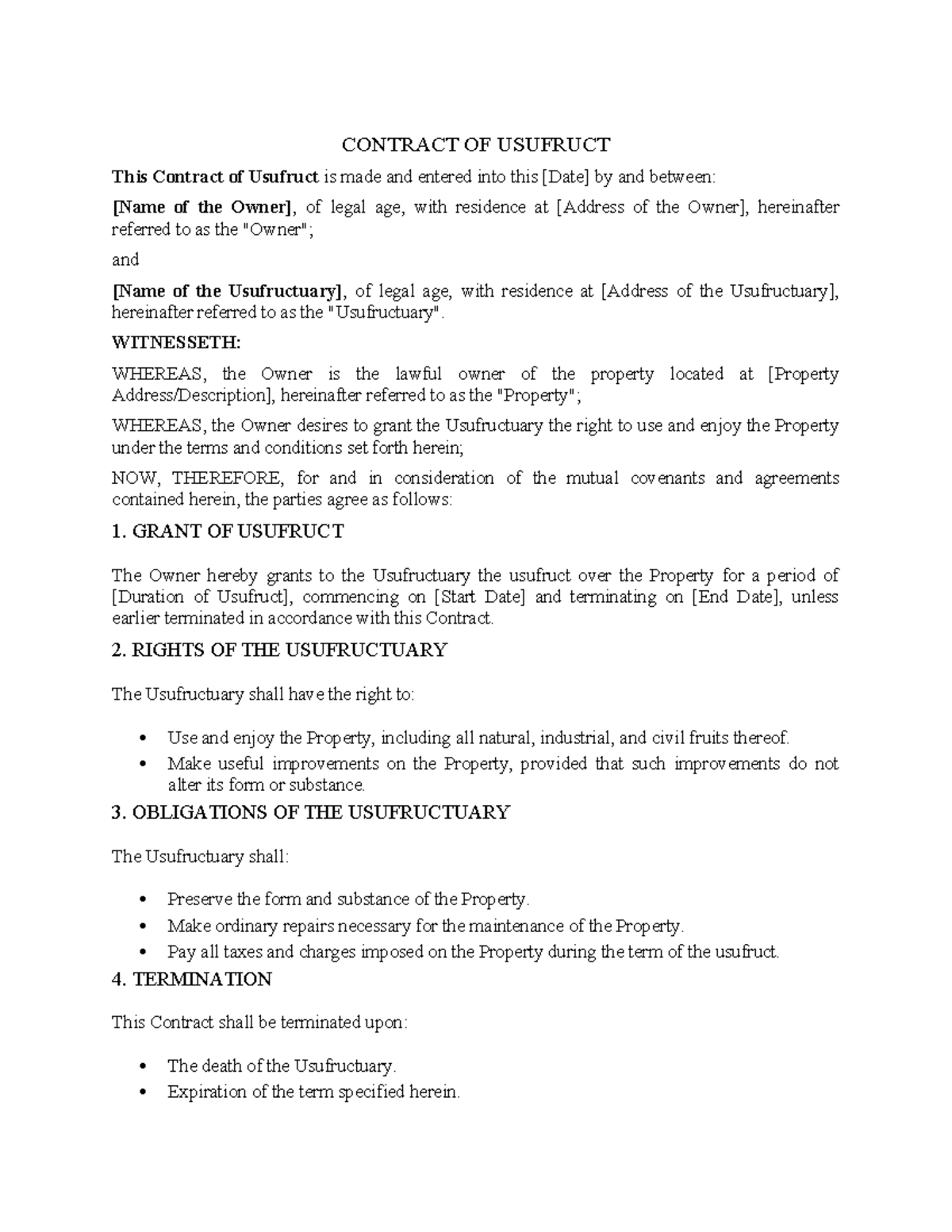 Contract of Usufruct: Sample Legal Agreement Template - Studocu