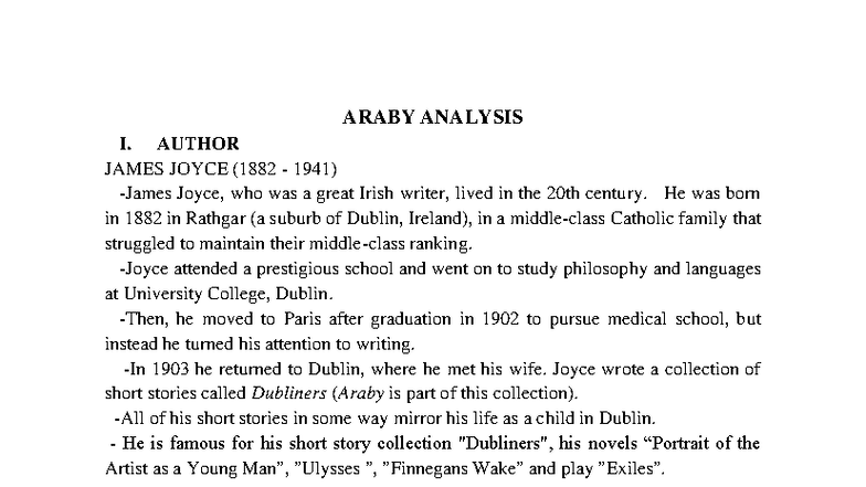 Araby Analysis: A Study of James Joyce's Short Story in Dubliners - Studocu