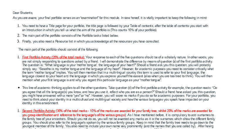 AFL1501 Final Portfolio Assignment Guidelines - Studocu