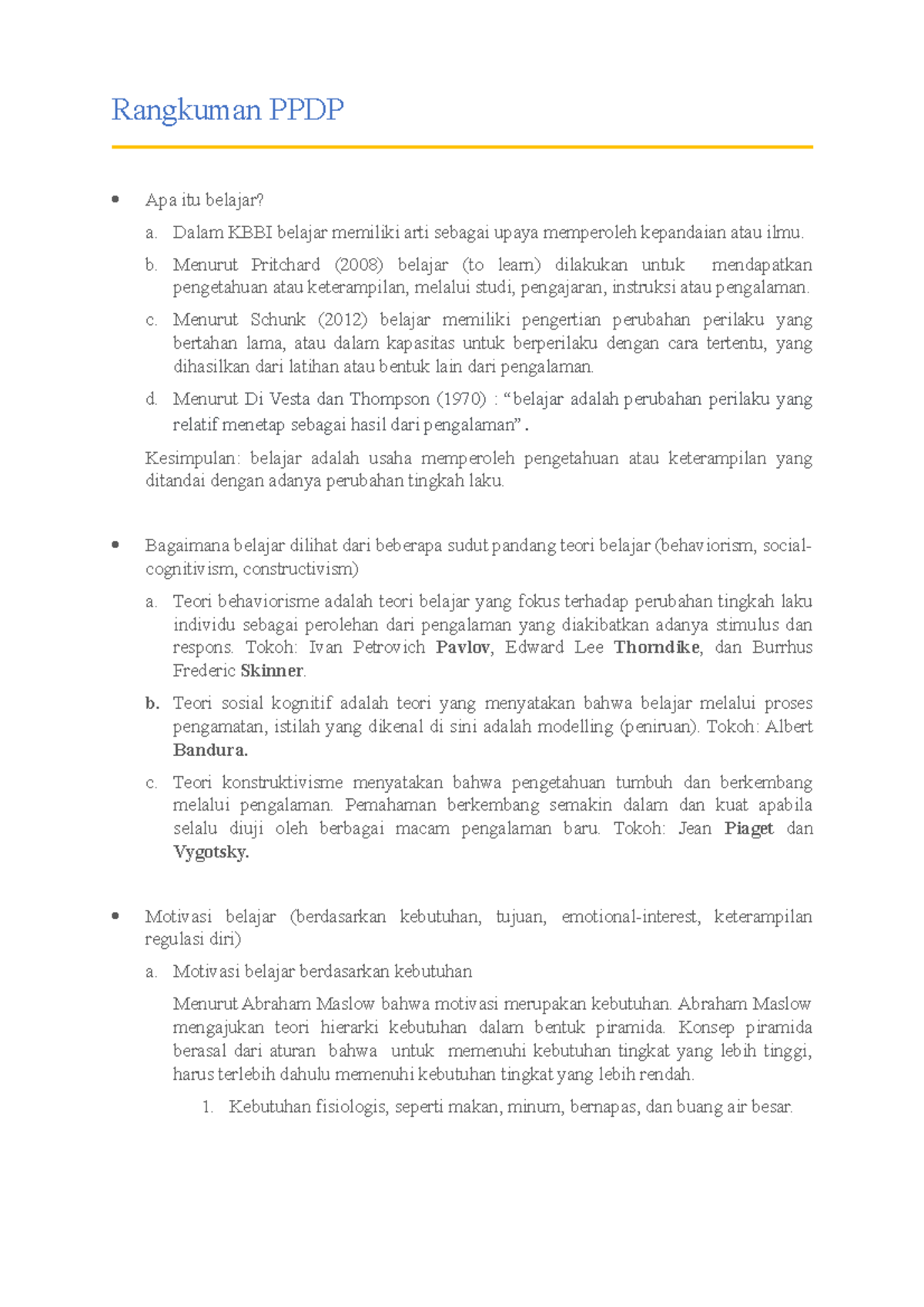 Rangkuman PPDP Topik 1: Teori Belajar dan Motivasi Siswa - Studocu