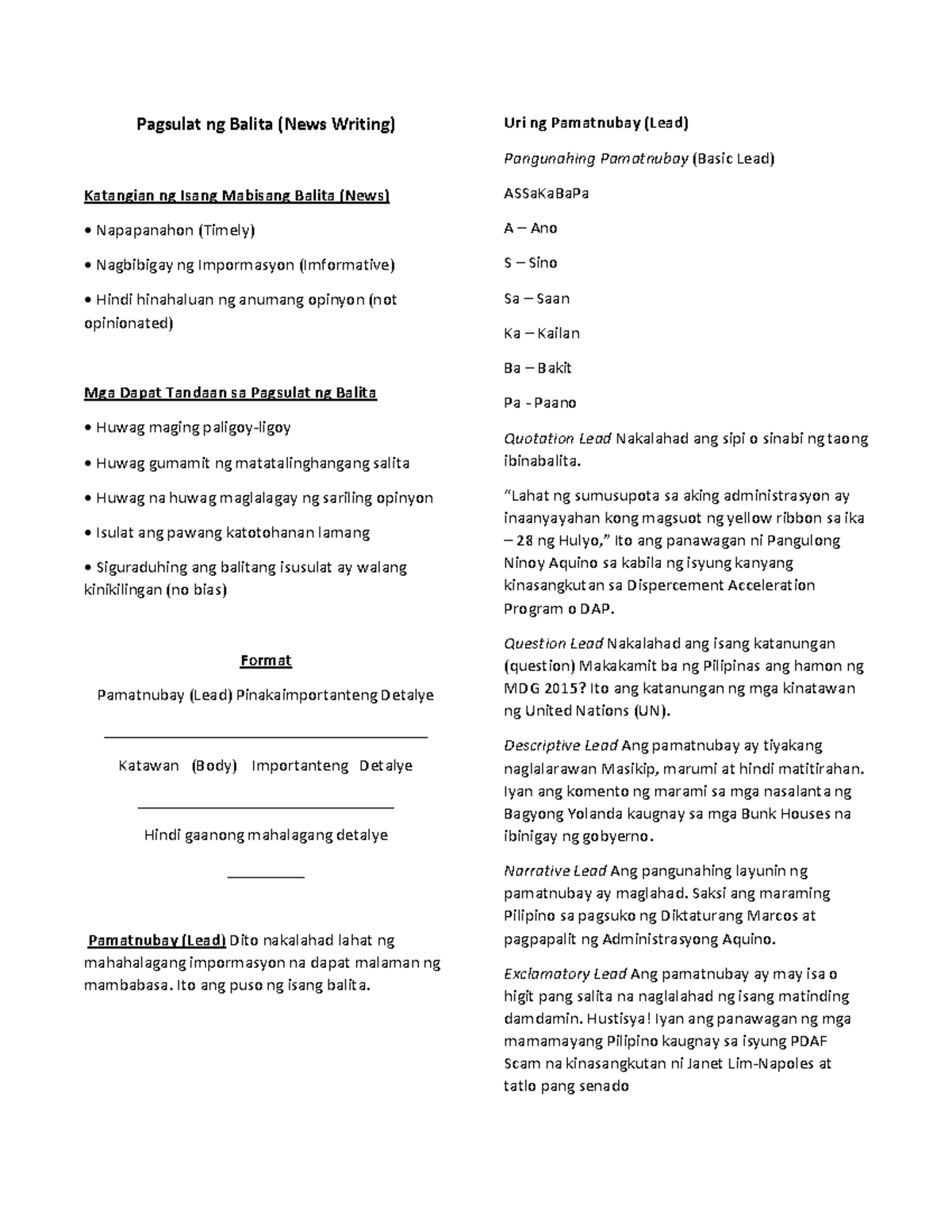 Filipino-101: Pagsulat ng Balita - Mga Katangian at Format - Studocu