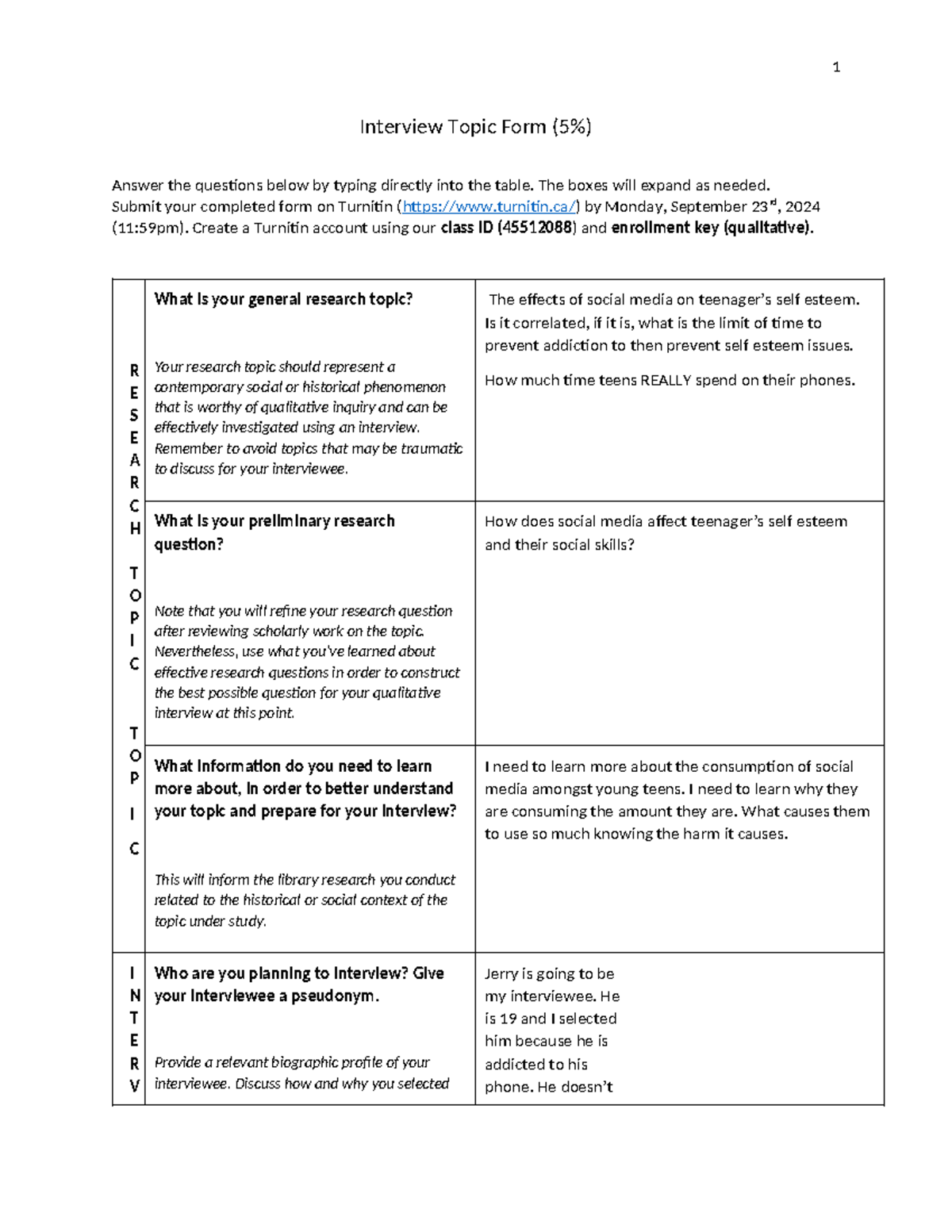 1 QR Project Research Topic Form - 1 Interview Topic Form (5%) Answer ...