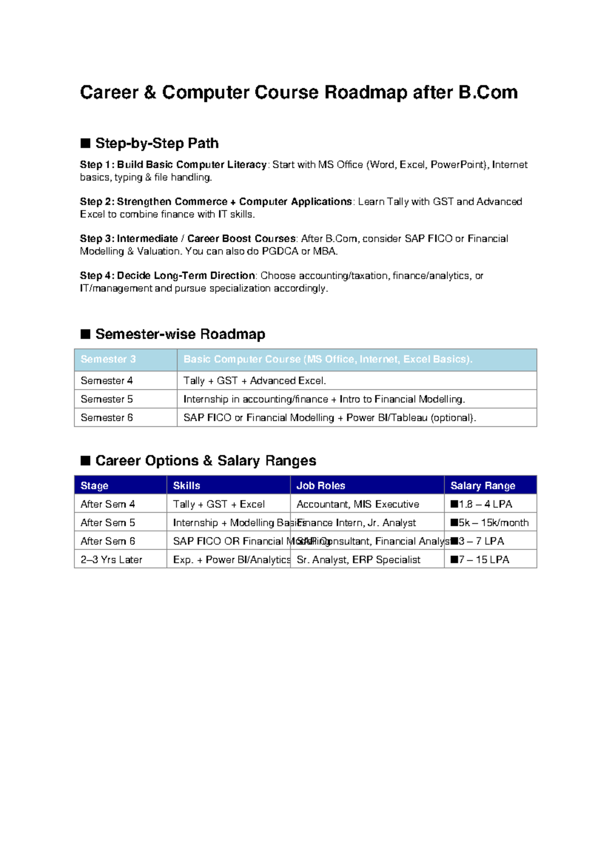 B.Com Career Computer Course Roadmap: Skills & Pathways - Studocu