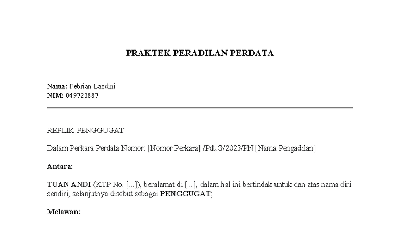 Replik Penggugat dalam Perkara Perdata No. [Nomor Kasus] - Studocu
