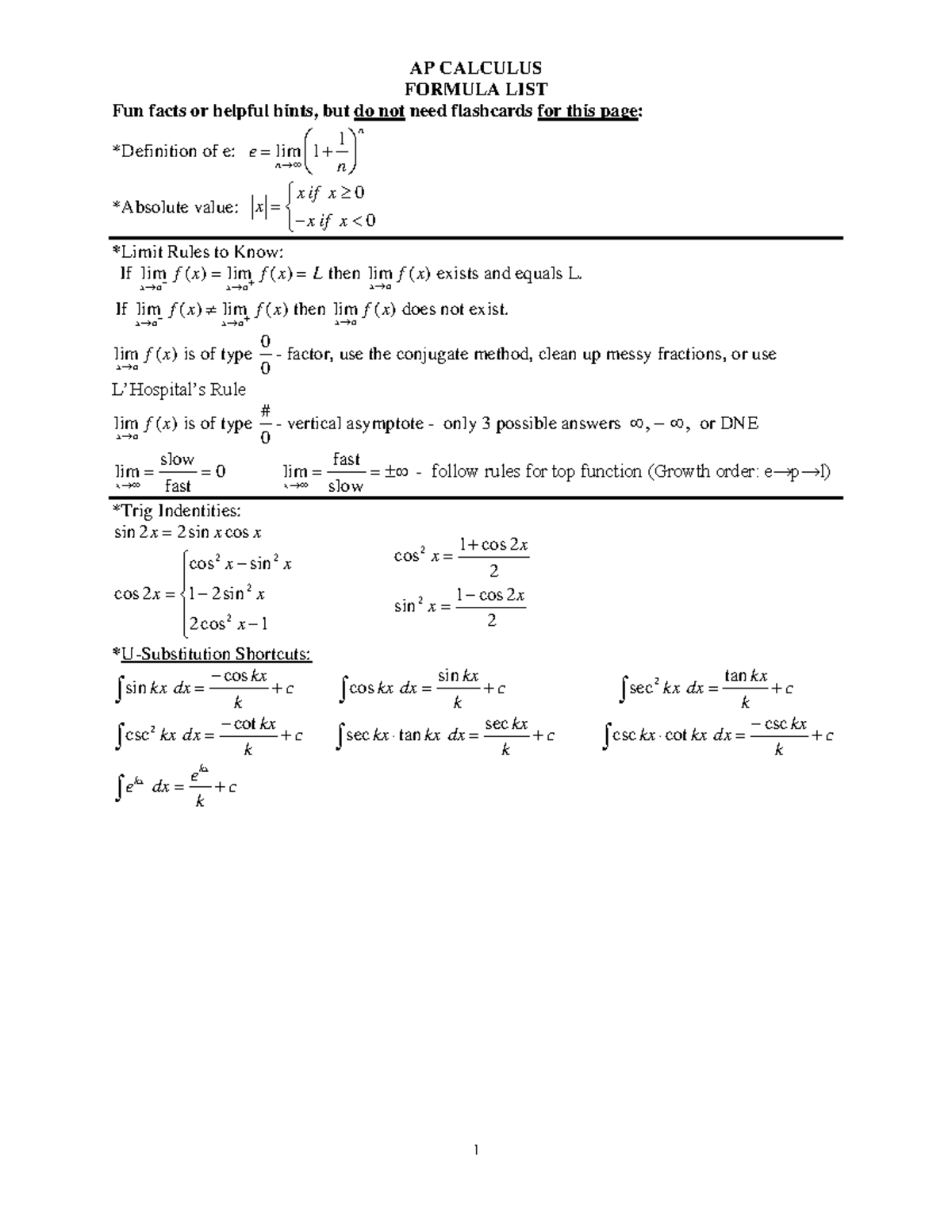 AP Calculus: Essential Formula List & Key Theorems for Study Guide ...
