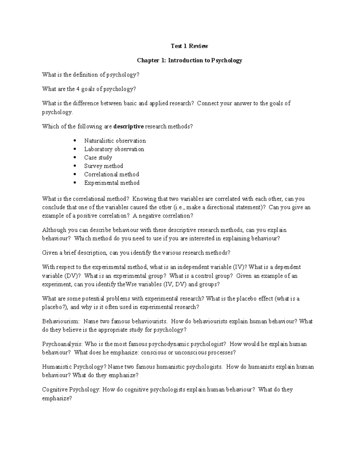 Test 1 Review: Intro to Psychology & Research Methods - Studocu