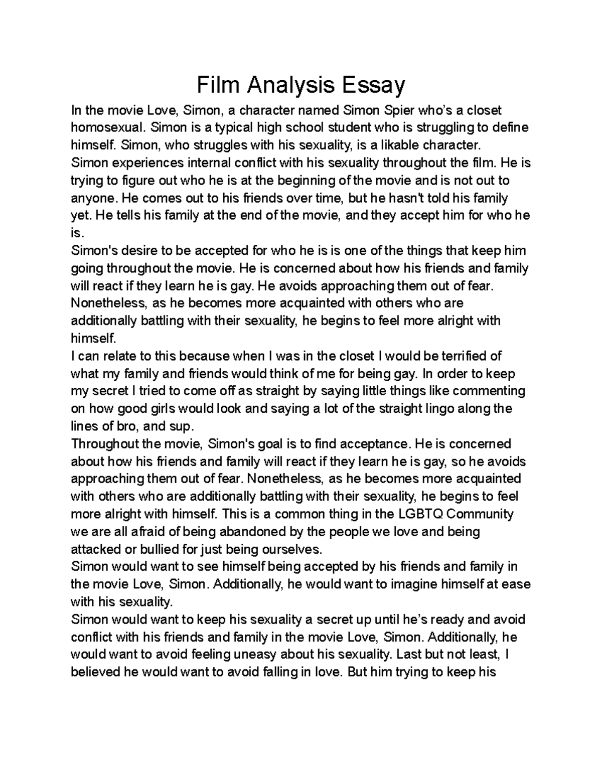 Film analysis Essay - homework example - Film Analysis Essay In the movie Love, Simon, a ...