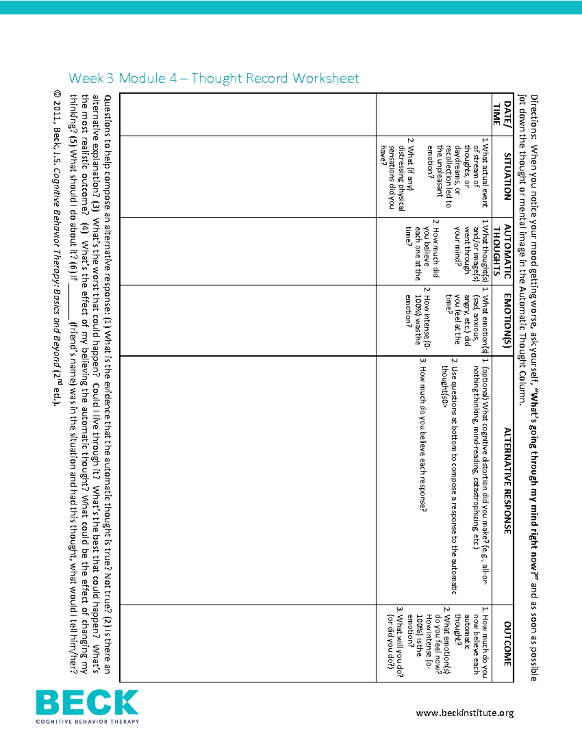 Thought Record Worksheet - beckinstitute Questions to help compose an ...