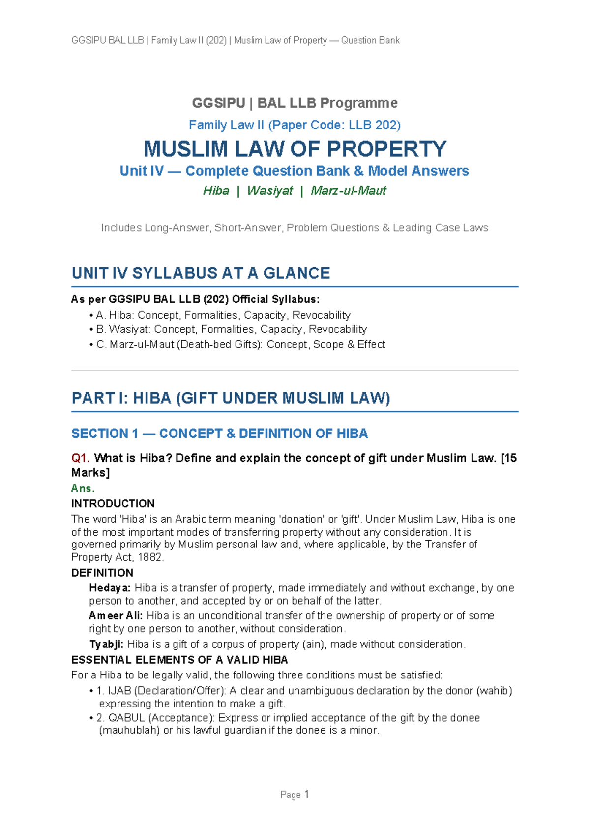 GGSIPU BAL LLB Family Law II (202) Complete Question Bank on Muslim Law ...