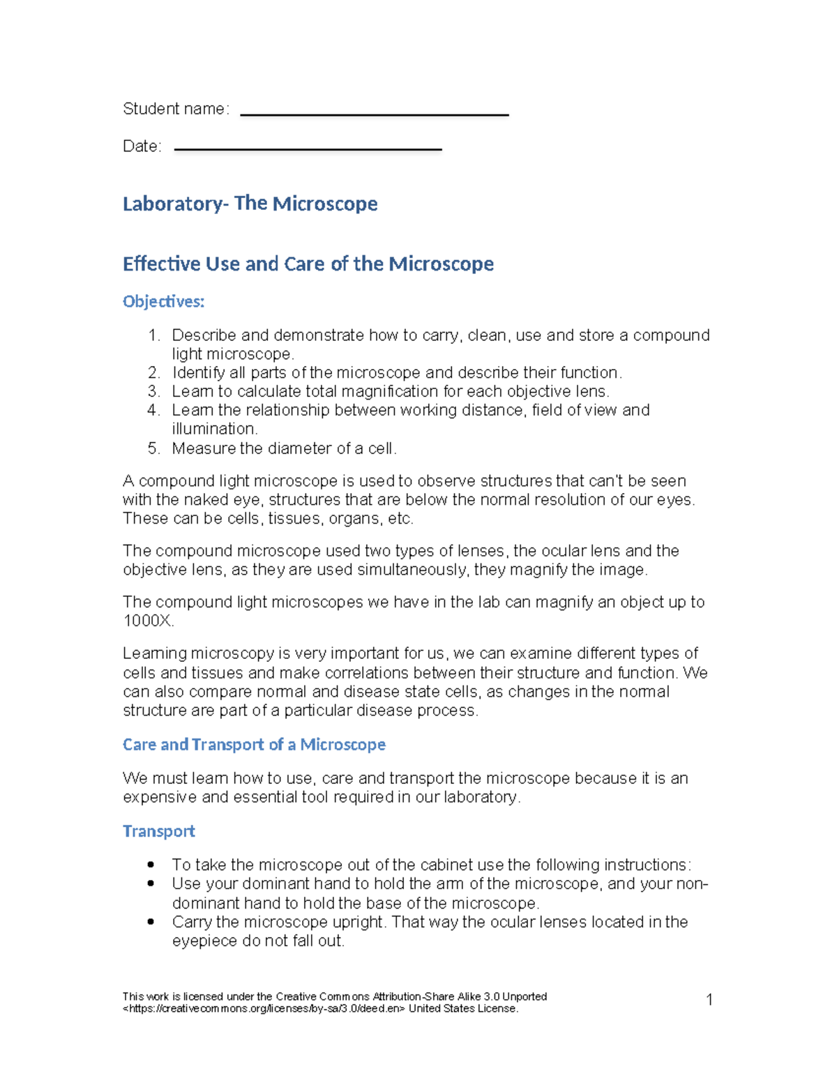 AP 1 - 02 Effective Use and Care of the Microscope Lab Guide - Studocu
