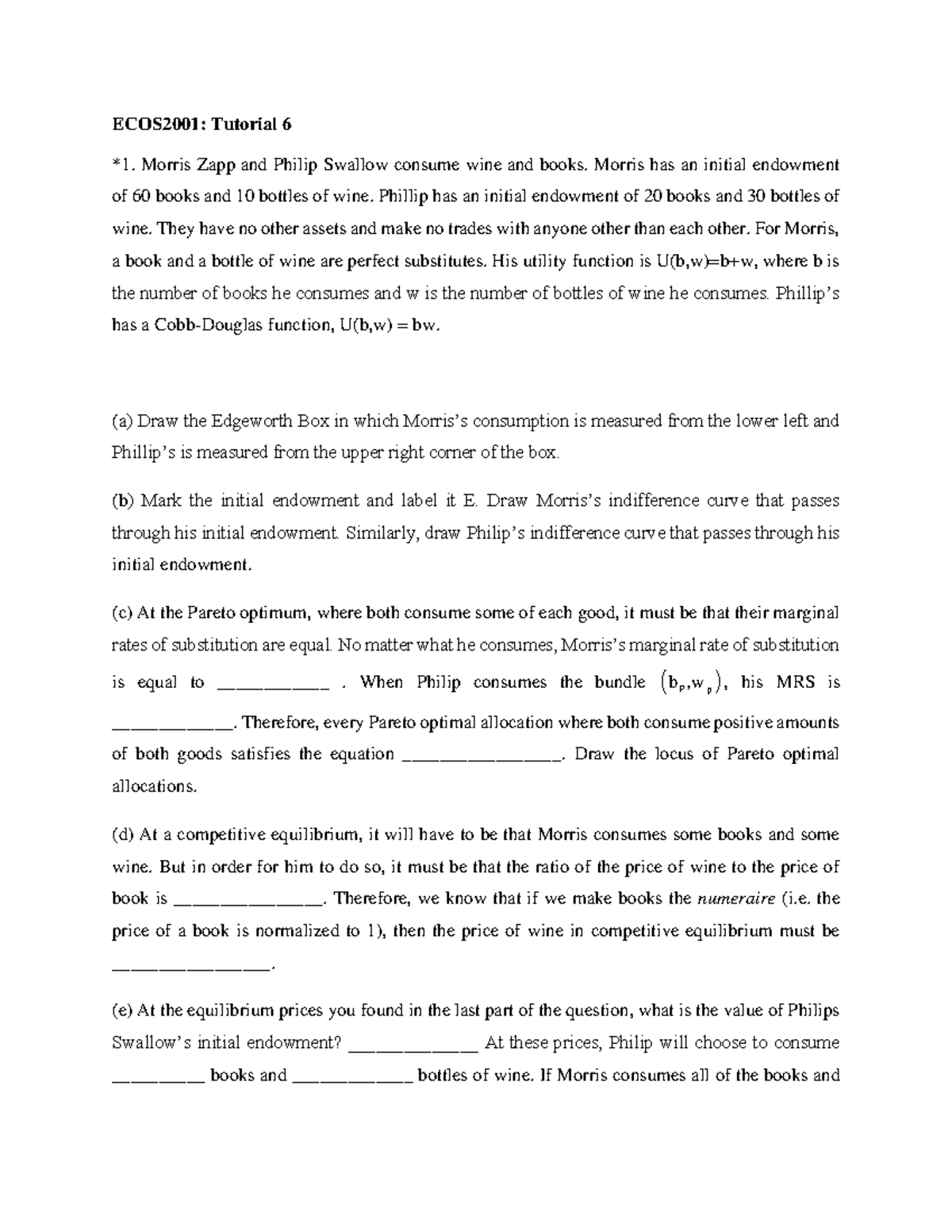 ECOS2001: Tutorial 6 - Edgeworth Box & Pareto Efficiency Analysis - Studocu