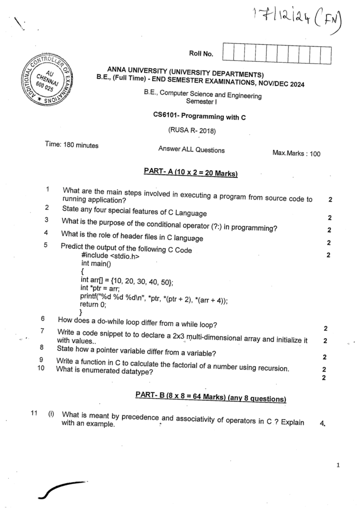 CS6101 - Nov/Dec 2024 - End Semester Exam Paper for C Programming - Studocu