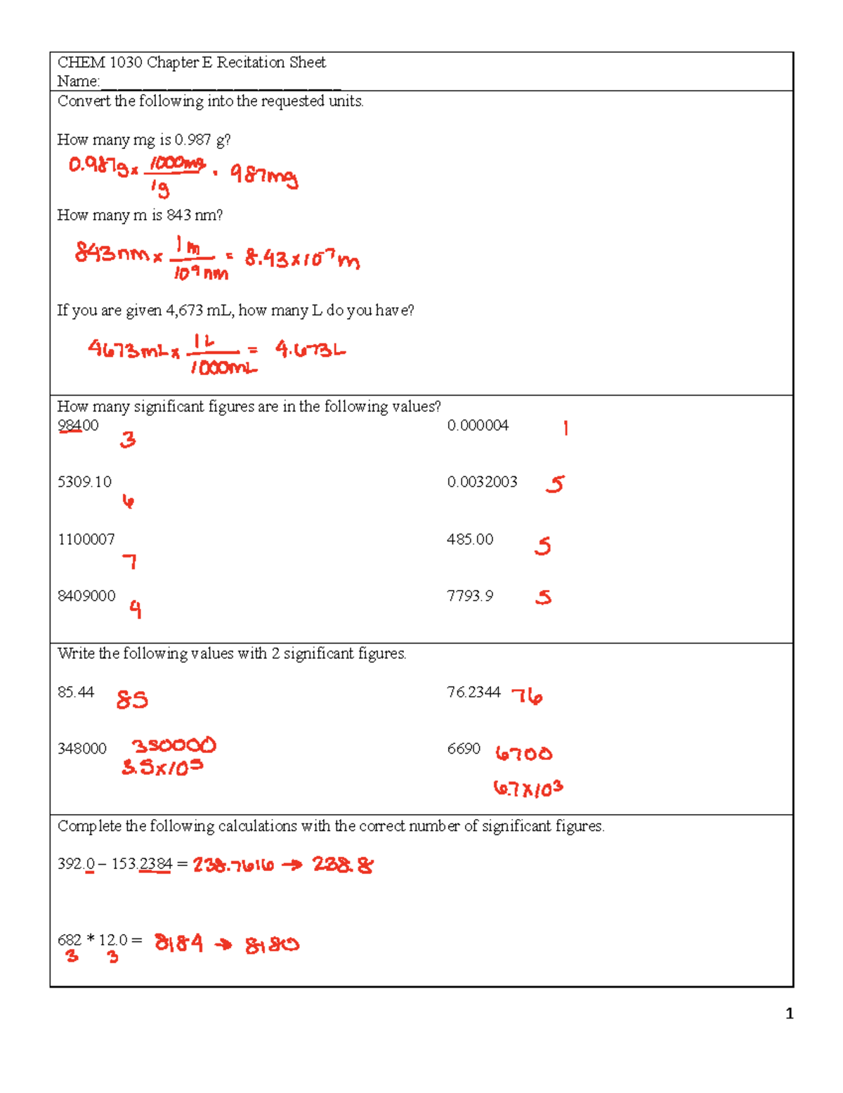 CHEM 1030 Exam 1 Review: Unit Conversions & Significant Figures - Studocu