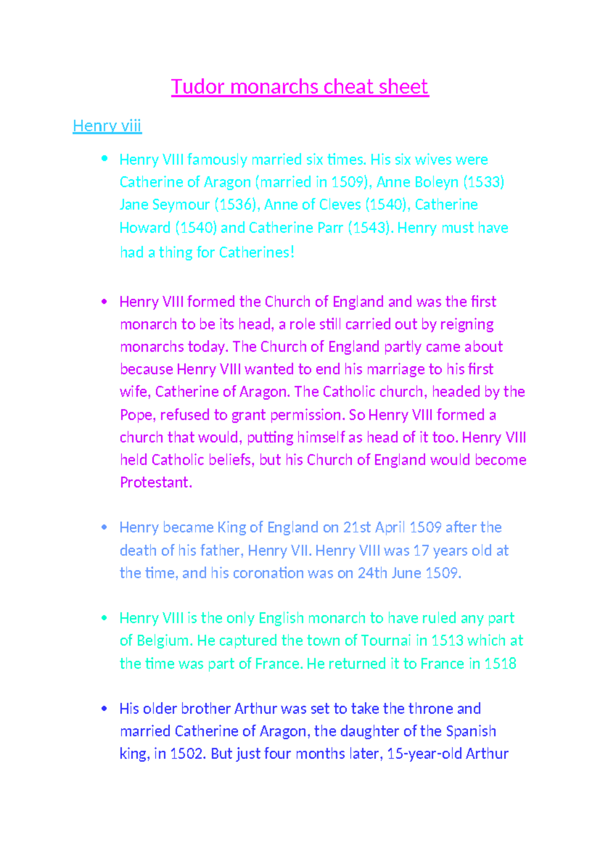 Tudor Monarchs Cheat Sheet: Key Facts on Henry VIII - Studocu