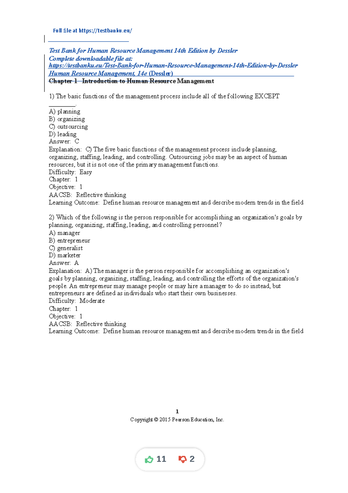 Test Bank for Human Resource Management 14e (Dessler) - Chapter 1 ...