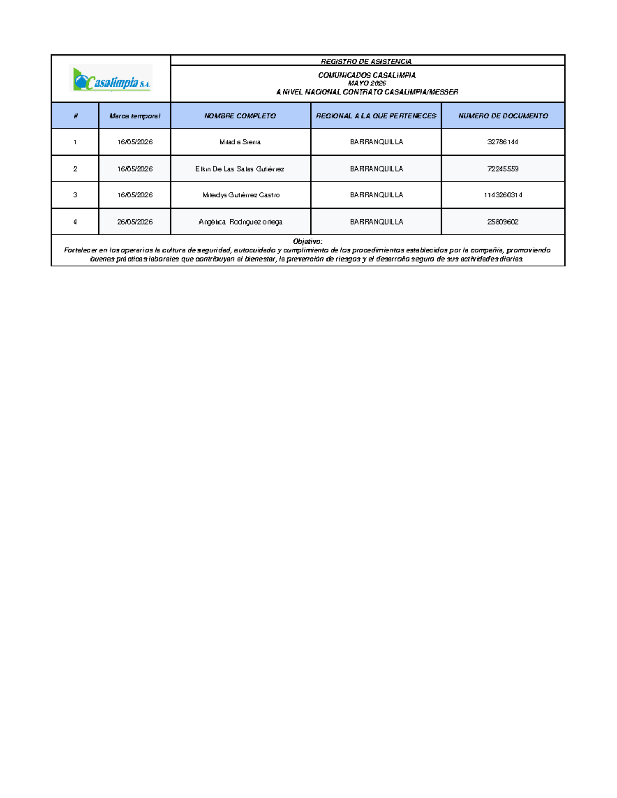 Registro de Asistencia y Seguridad - Casalimpia Mayo 2026 - Studocu