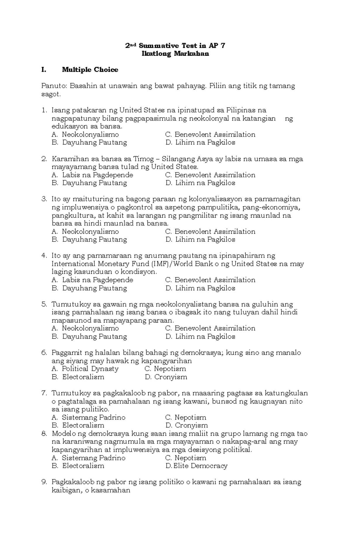 2nd Summative Test in AP 7: Multiple Choice & True/False Questions ...