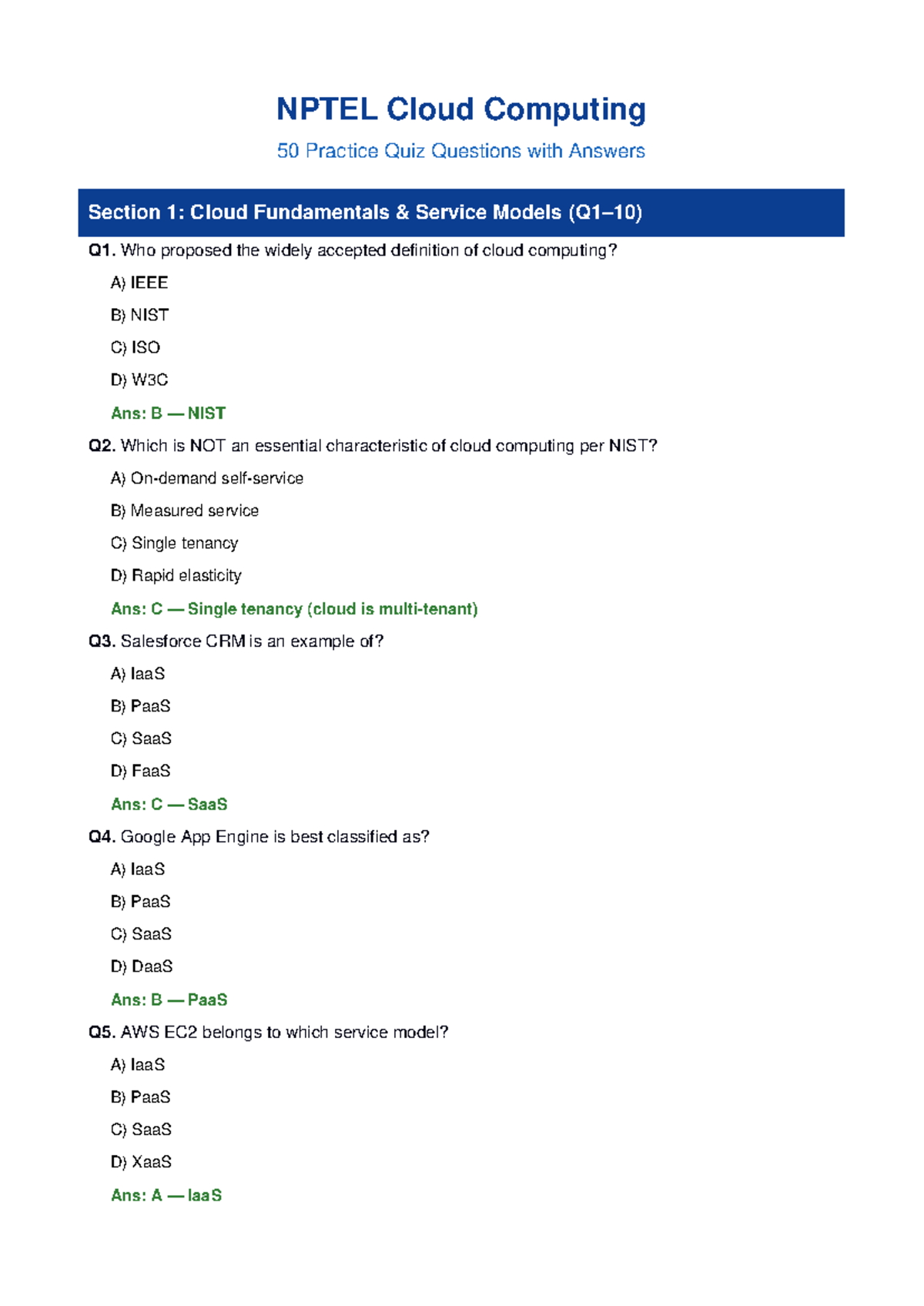NPTEL Cloud Computing Quiz: 50 Practice Questions & Answers - Studocu
