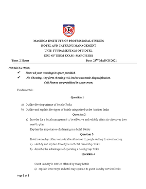 Introduction TO Hospitality Notes - LESSON ONE INTRODUCTION TO ...